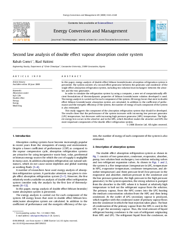 (PDF) Second law analysis of double effect vapour absorption cooler system