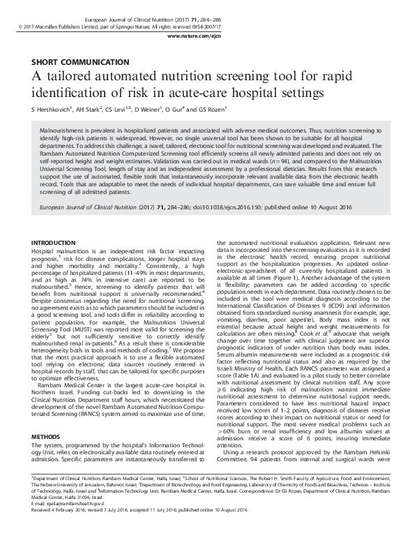 (PDF) A tailored automated nutrition screening tool for rapid ...