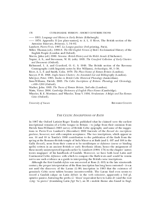(PDF) The Celtic inscriptions of Bath
