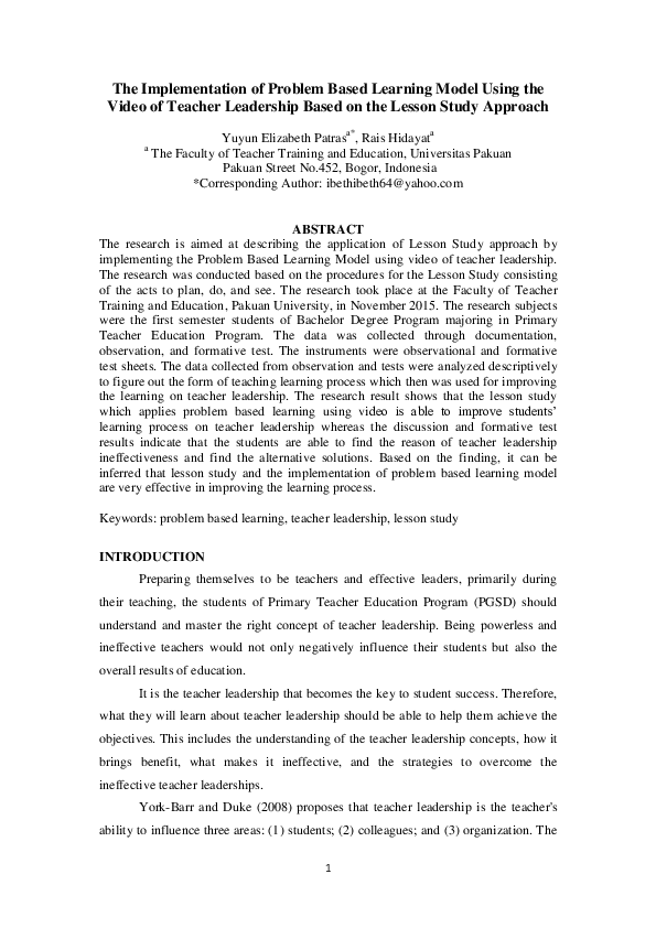 (PDF) The Implementation of Problem Based Learning Model Using the Video of Teacher Leadership ...