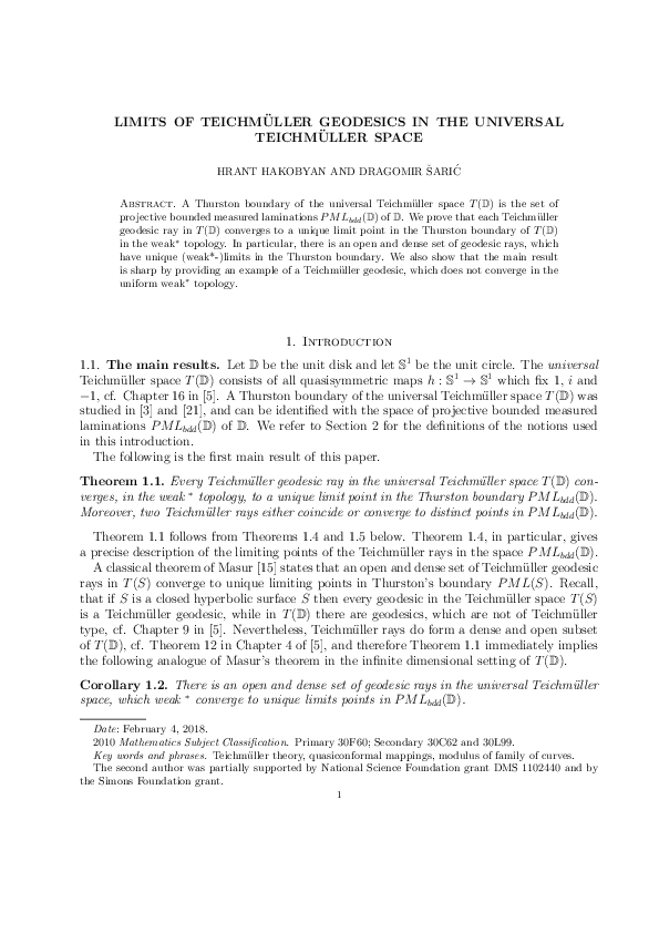 (PDF) LIMITS OF TEICHMULLER GEODESICS IN THE UNIVERSAL TEICHMULLER SPACE