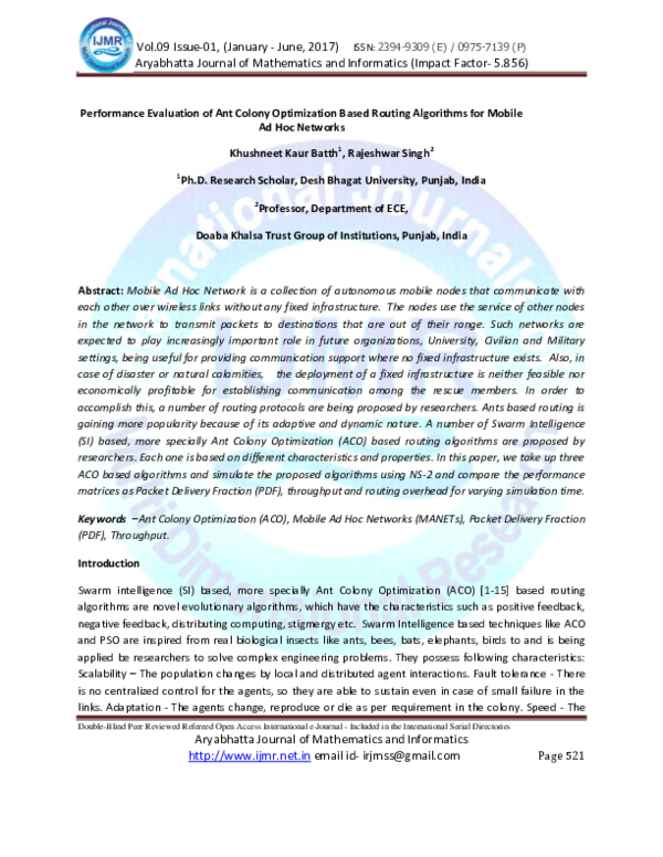 Pdf Performance Evaluation Of Ant Colony Optimization Based Routing Algorithms For Mobile Ad 