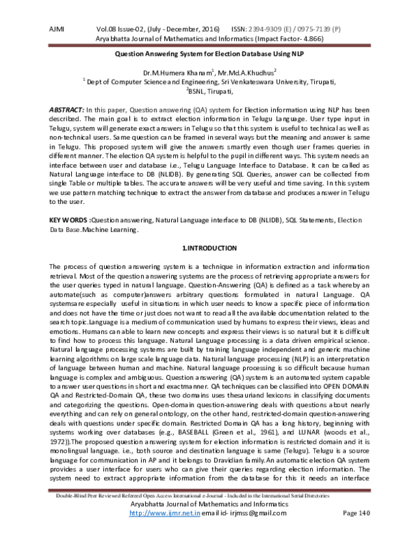 Pdf Question Answering System For Election Database Using Nlp