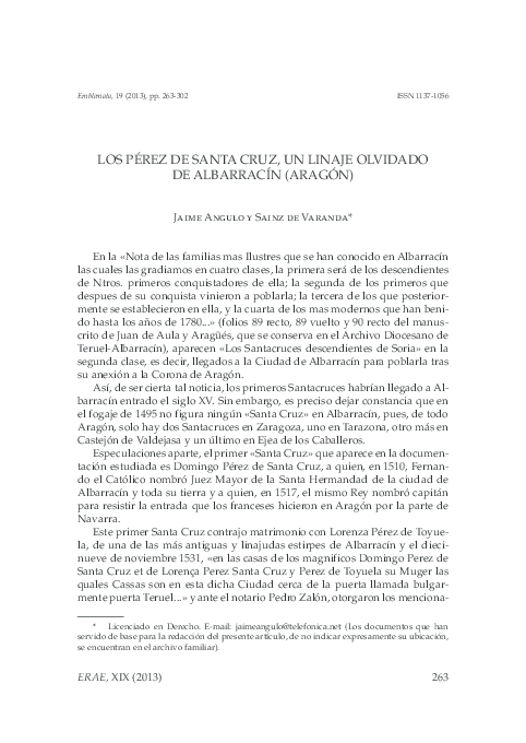 (PDF) LOS PÉREZ DE SANTA CRUZ, UN LINAJE OLVIDADO DE ALBARRACÍN (ARAGÓN ...