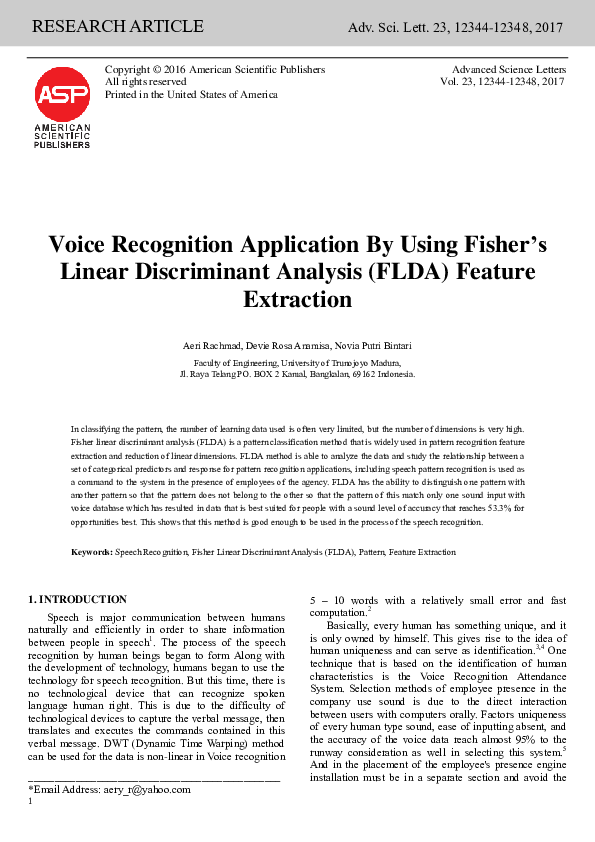 (PDF) Voice Recognition Application By Using Fisher's Linear Discriminant Analysis (FLDA ...