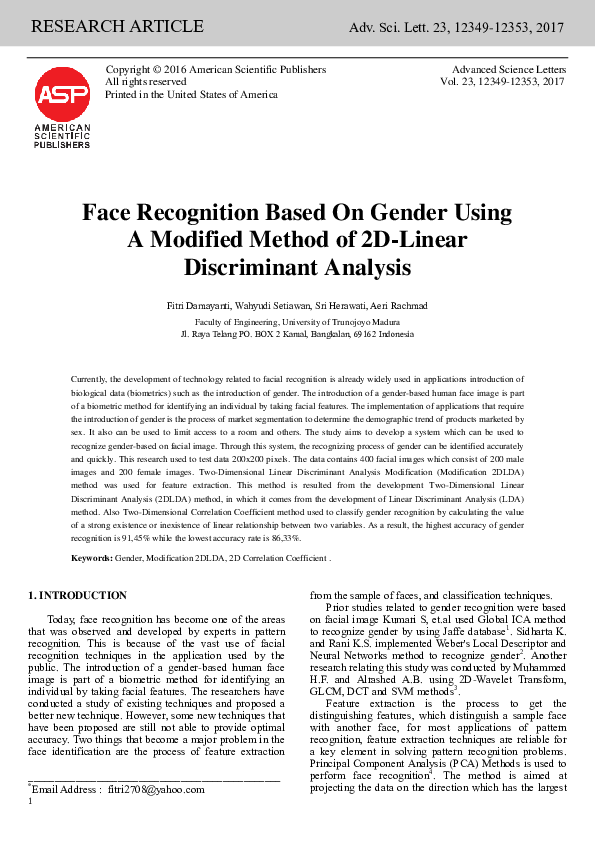 Pdf Face Recognition Based On Gender Using A Modified Method Of 2d Linear Discriminant Analysis