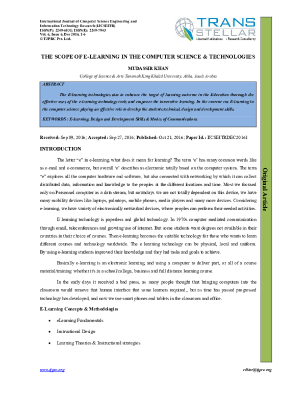 (PDF) THE SCOPE OF E-LEARNING IN THE COMPUTER SCIENCE & TECHNOLOGIES