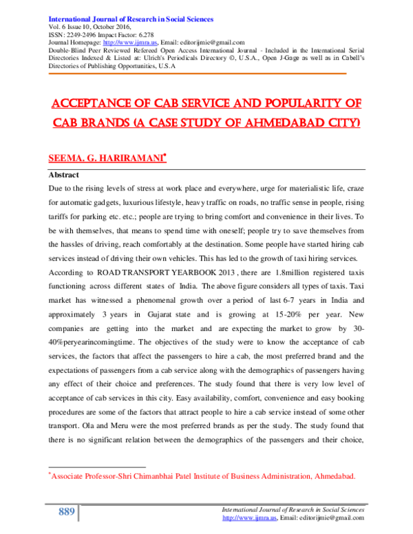 (PDF) ACCEPTANCE OF CAB SERVICE AND POPULARITY OF CAB BRANDS (A CASE ...