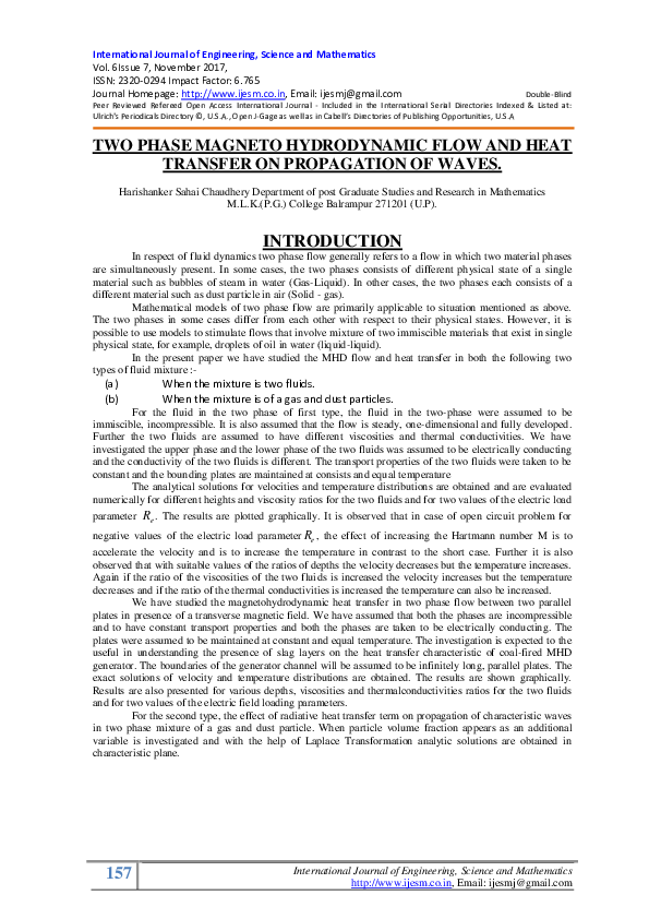 (PDF) TWO PHASE MAGNETO HYDRODYNAMIC FLOW AND HEAT TRANSFER ON ...