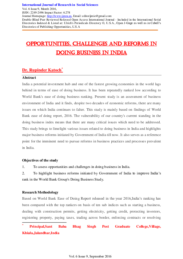 (PDF) Opportunities, Challenges and Reforms in Doing Business in India