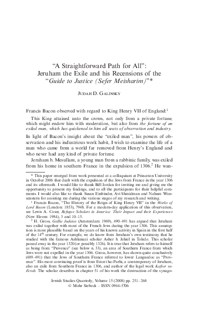 (PDF) Judah D. Galinsky, “‘A Straightforward Path for All’: Jeruham the ...