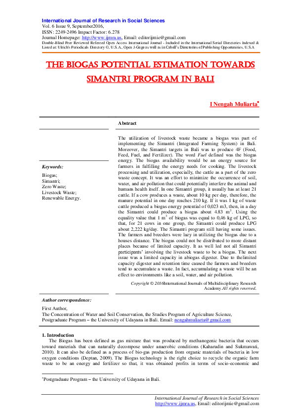 (PDF) The Biogas Potential Estimation towards Simantri Program in Bali