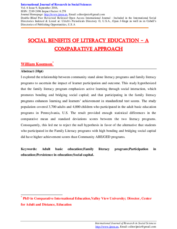 (PDF) Social Benefits of Literacy Education -A Comparative Approach