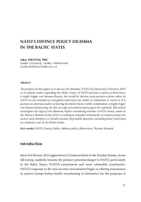 (PDF) NATO's Defence Policy Dilemma in the Baltic States