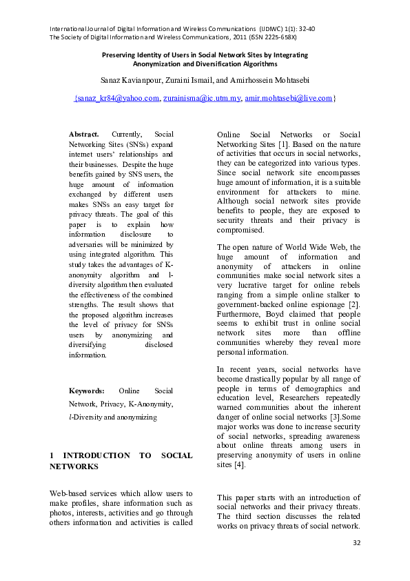 Pdf Preserving Identity Of Users In Social Network Sites By Integrating Anonymization And
