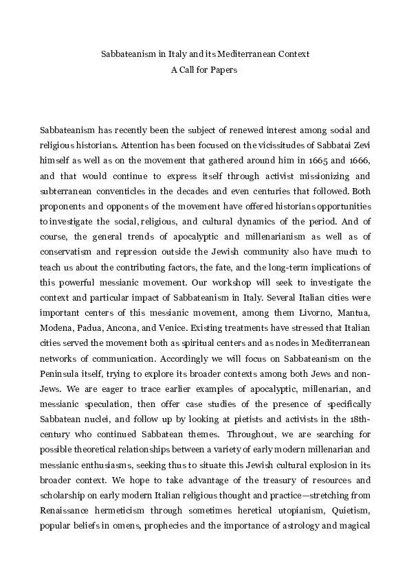 (PDF) Sabbateanism in Italy and its Mediterranean Context A Call for Papers