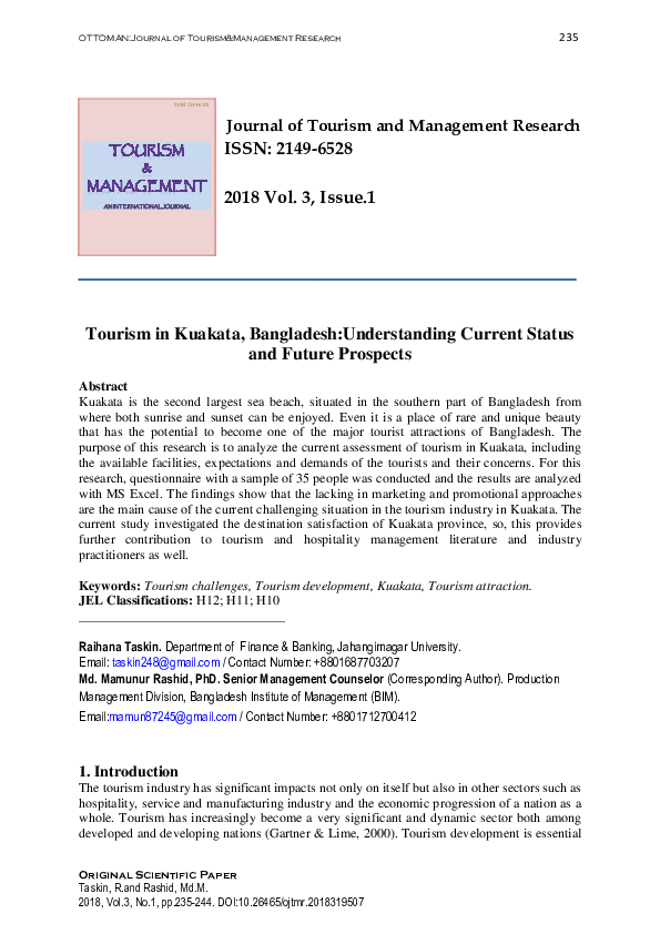 (PDF) Journal of Tourism and Management Research Tourism in Kuakata ...