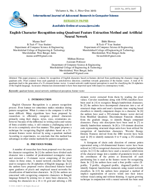 Pdf English Character Recognition Using Quadrant Feature Extraction Method And Artificial