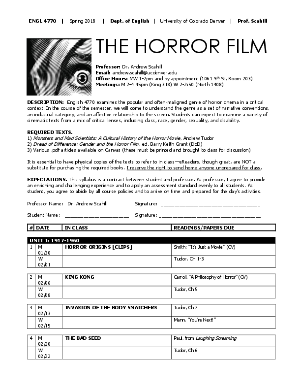 (PDF) The Horror Film (Course Syllabus)