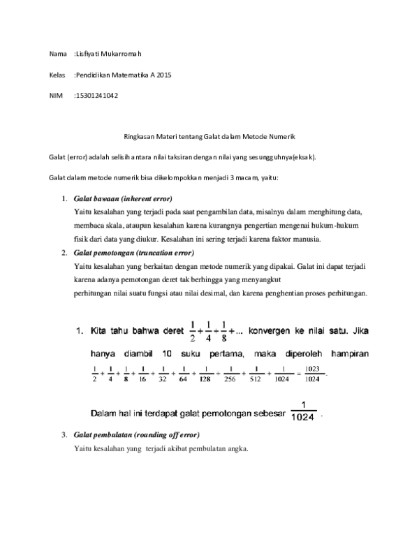 (DOC) Ringkasan Materi tentang Galat dalam Metode Numerik