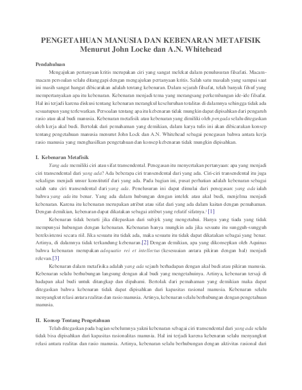 (DOC) PENGETAHUAN MANUSIA DAN KEBENARAN METAFISIK Menurut John Locke dan A.N. Whitehead