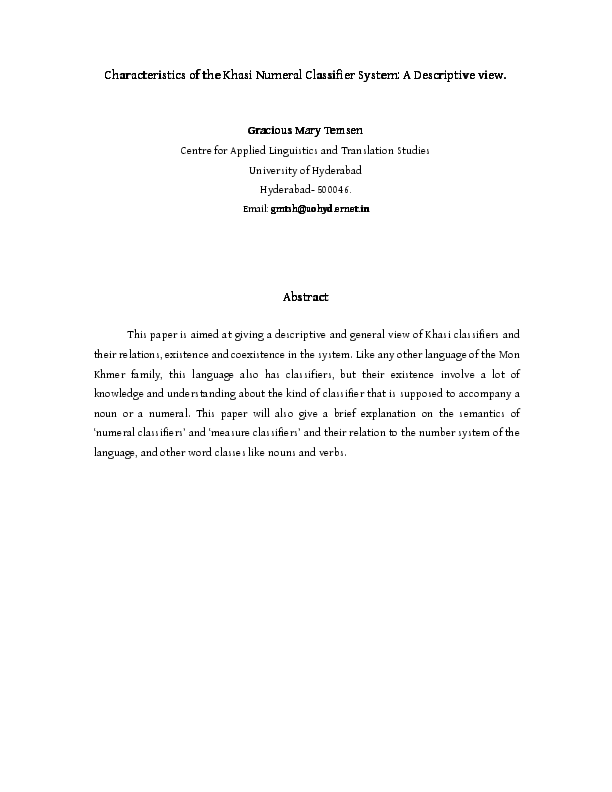 (PDF) Characteristics of the Khasi Numeral Classifier System: A Descriptive view.