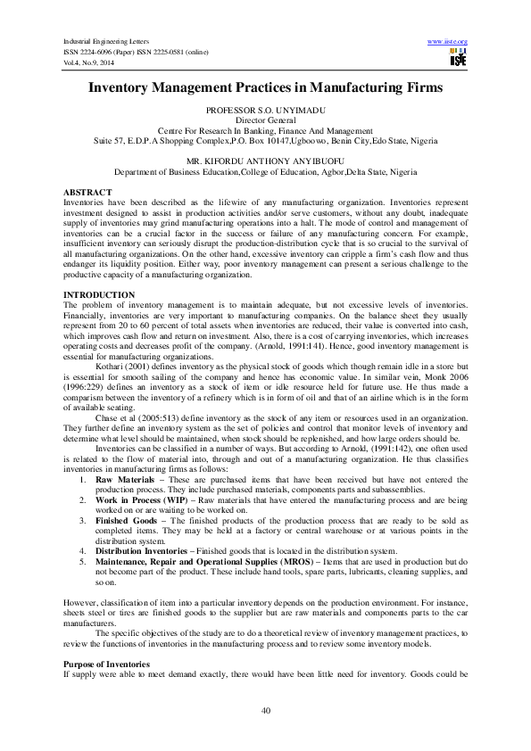 (PDF) Inventory Management Practices in Manufacturing Firms