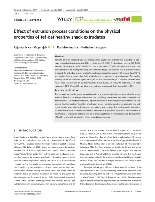 (PDF) Effect of extrusion process conditions on the physical properties of tef-oat healthy snack ...