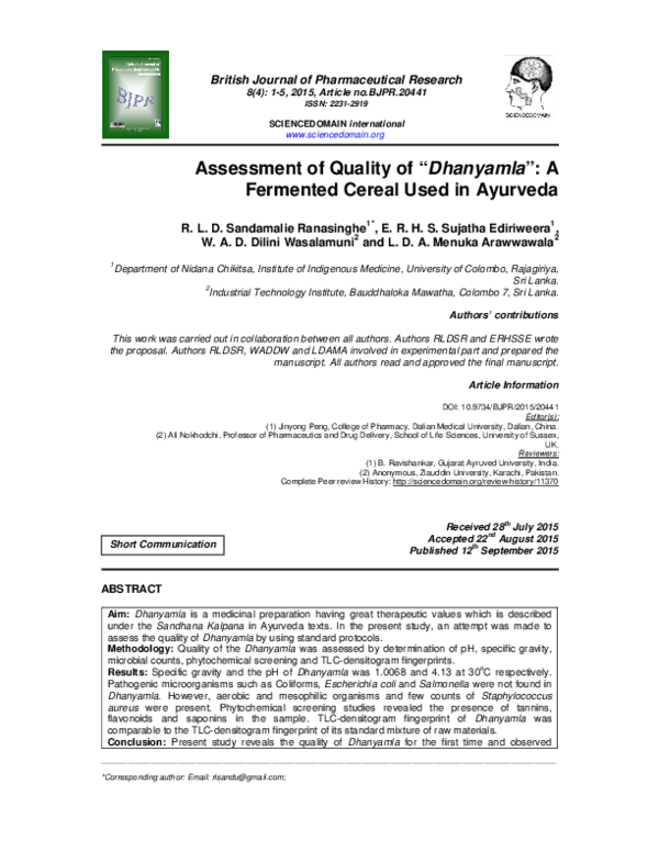(PDF) Assessment of Quality of " Dhanyamla " : A Fermented Cereal Used ...