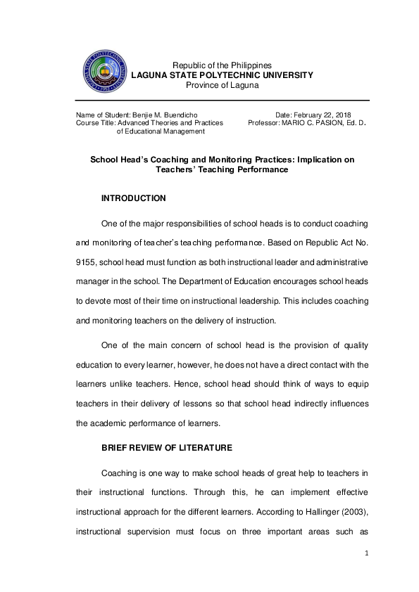 (PDF) School Head’s Coaching and Monitoring Practices: Implication on ...