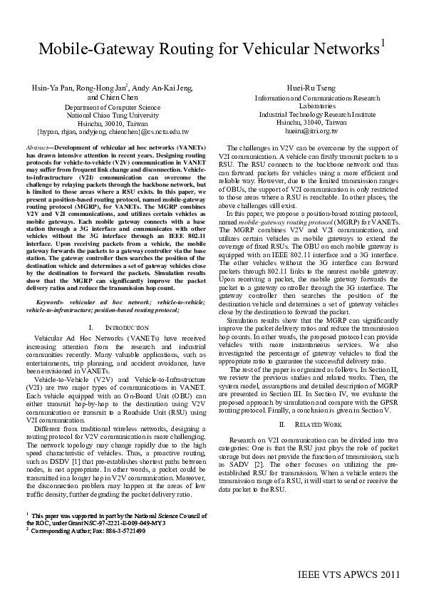 (PDF) Mobile-Gateway Routing for Vehicular Networks