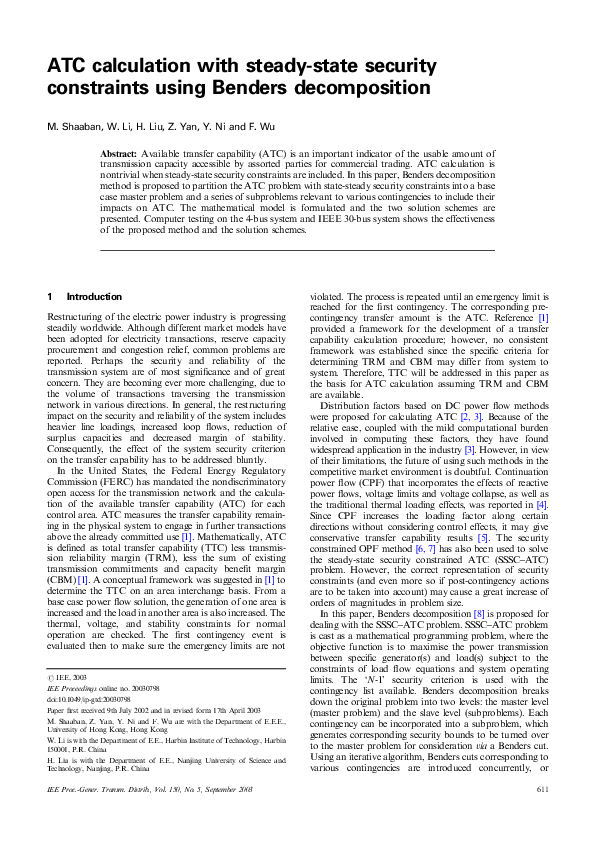 Pdf Atc Calculation With Steady State Security Constraints Using Benders Decomposition