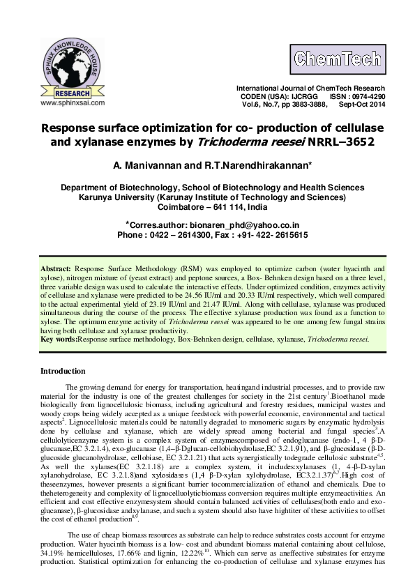 Pdf Response Surface Optimization For Co Production Of Cellulase And Xylanase Enzymes By