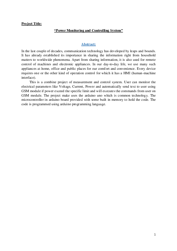 Pdf Project Title Gsm Based Power Monitoring And Controlling System Usin Arduino 6475