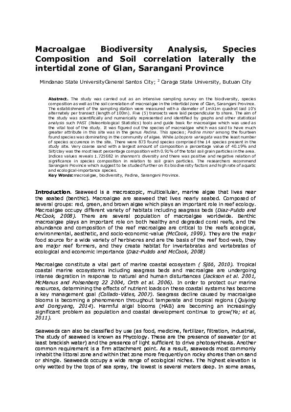 (PDF) Macroalgae Biodiversity Analysis, Species Composition and Soil correlation laterally the ...