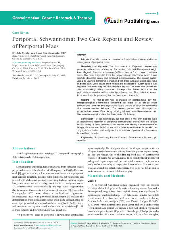 (PDF) Periportal Schwannoma: Two Case Reports and Review of Periportal Mass