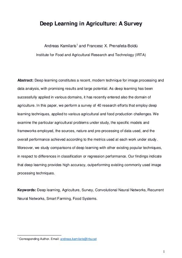 (PDF) Deep Learning in Agriculture: A Survey