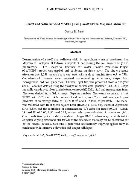 (PDF) Runoff and Sediment Yield Modeling Using GeoWEPP in Mapawa Catchment
