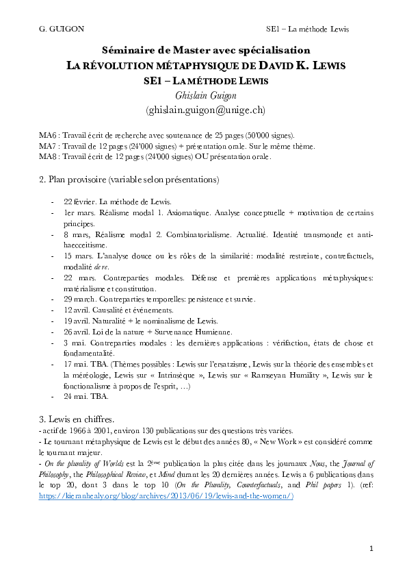 (PDF) La révolution métaphysique de David K. Lewis SE1 – La méthode Lewis