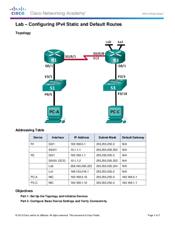 (DOC) Lab – Configuring IPv4 Static and Default Routes