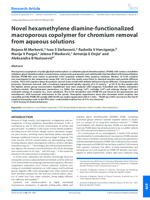 (PDF) Novel hexamethylene diamine-functionalized macroporous copolymer ...