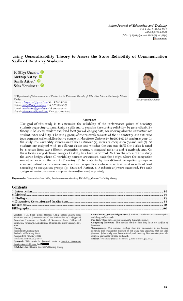 Pdf Using Generalizability Theory To Assess The Score Reliability Of Communication Skills Of