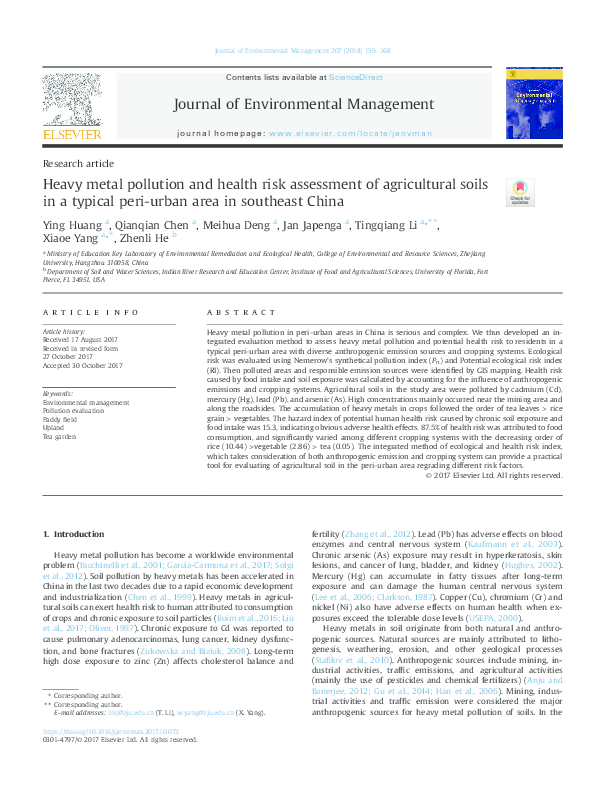 (PDF) Heavy metal pollution and health risk assessment of agricultural ...