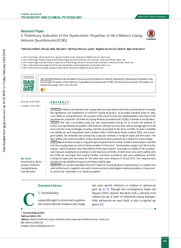 (PDF) A Preliminary Evaluation of the Psychometric Properties of the ...