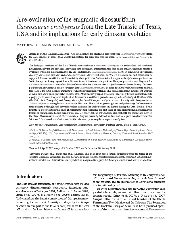 (PDF) A re-evaluation of the enigmatic dinosauriform Caseosaurus ...