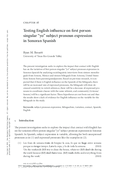 (PDF) Testing English influence on first person singular "yo" subject ...