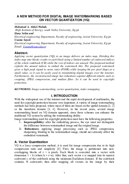 Pdf A New Method For Digital Image Watermarking Based On Vector Quantization Vq Mohamed