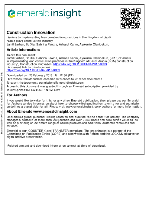 (PDF) Barriers to implementing lean construction practices in the Kingdom of Saudi Arabia (KSA ...
