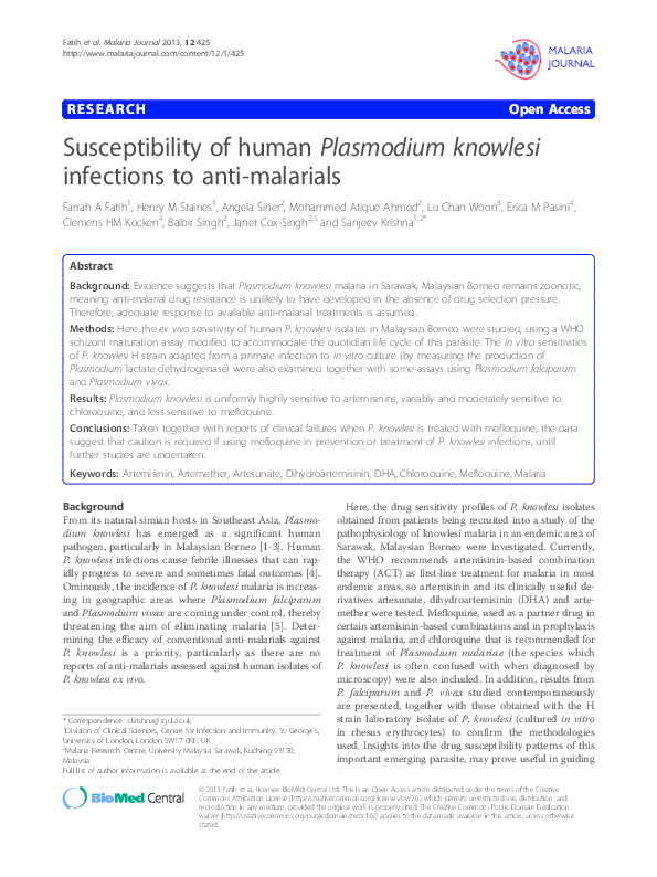 (PDF) Susceptibility of human Plasmodium knowlesi infections to anti ...