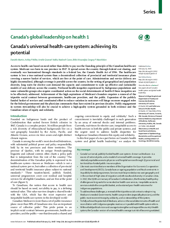 (PDF) Canada's global leadership on health 1 Canada's universal health ...